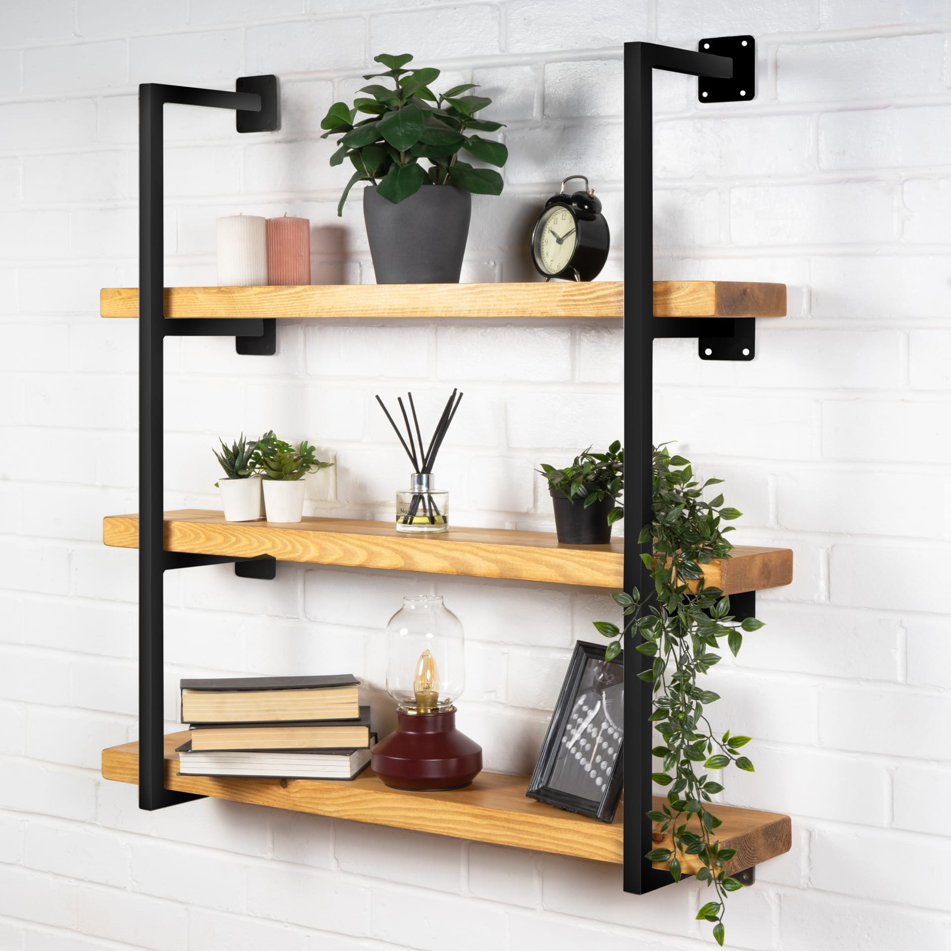 Wall Mounted Shelving Unit with Reclaimed Wooden Shelves Black Powder Coated Box Steel Style Pipe Dream Furniture