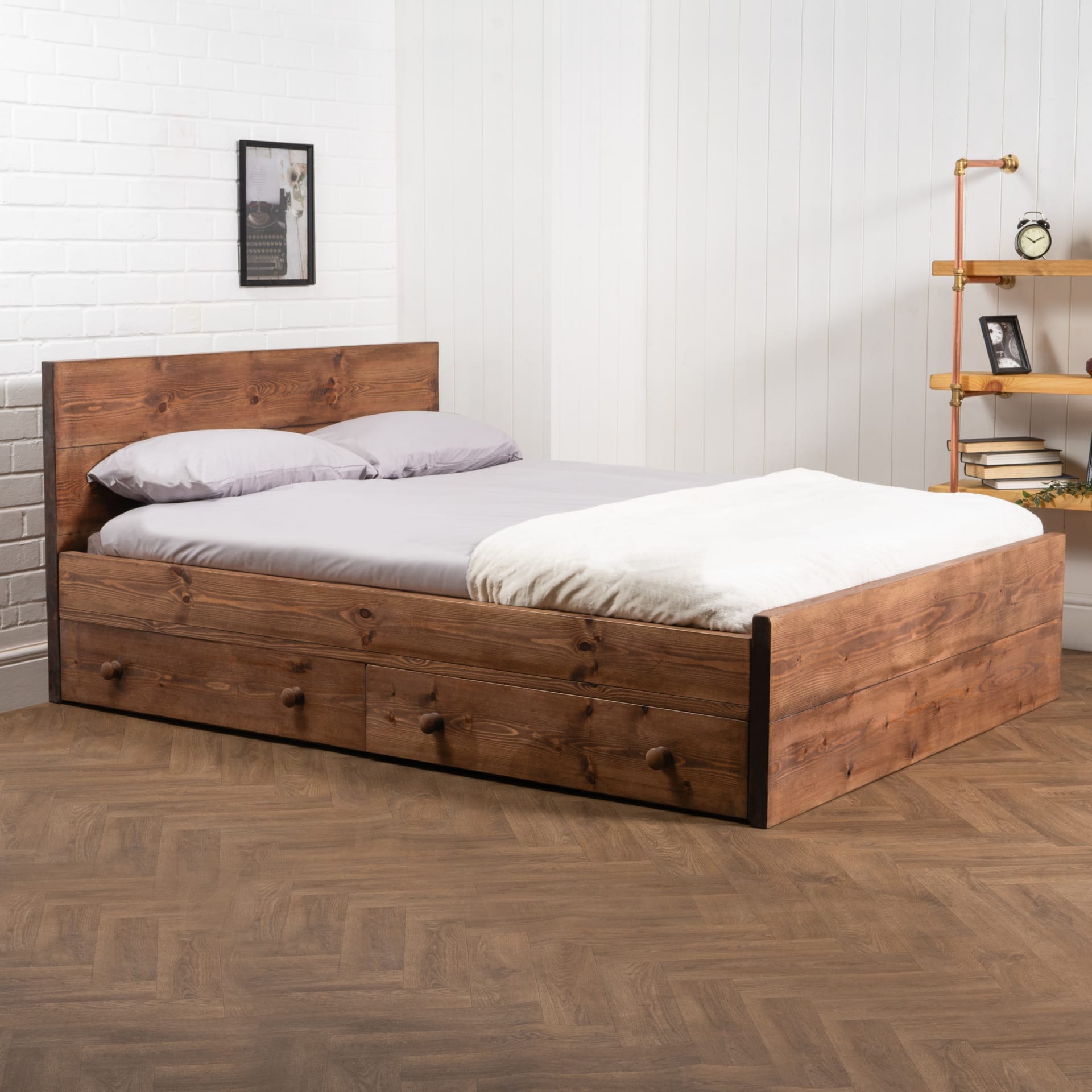 Rustic wood bed with storage store