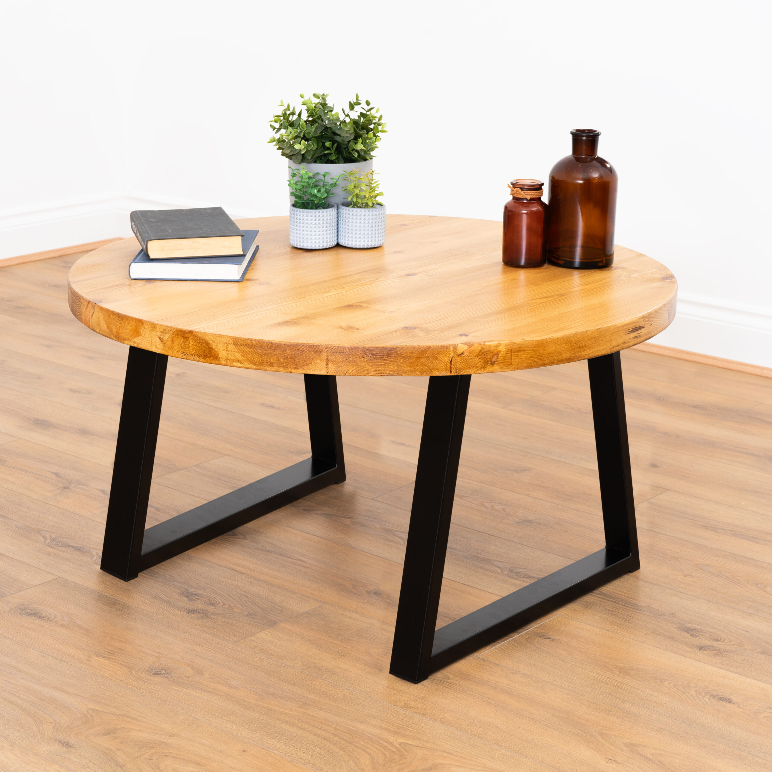 Circular Coffee Table with Trapezium Legs Reclaimed Timber Style